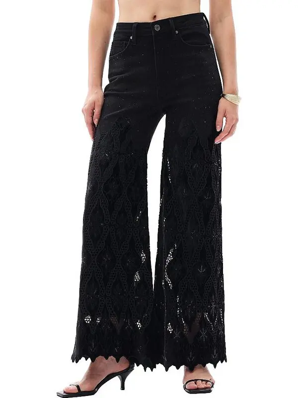 BAYEAS High Rise Wide Leg Lace Denim Jeans With Rhinestone - Black