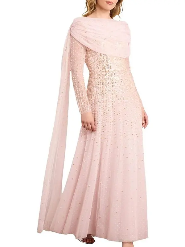 NEEDLE & THREAD Moonlight Sequin Draped Long Sleeve Gown - Shell/gold