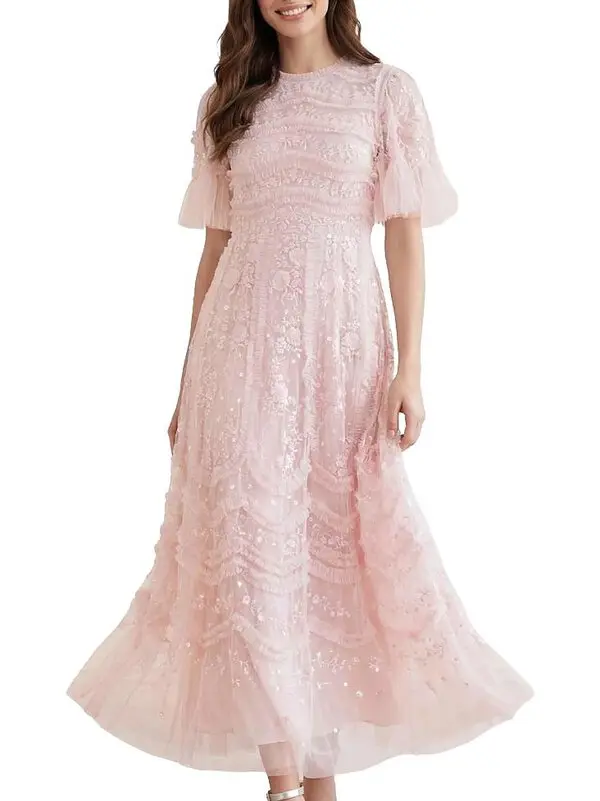 NEEDLE & THREAD Gianna Ruffle Short Sleeve Maxi Gown - Shell