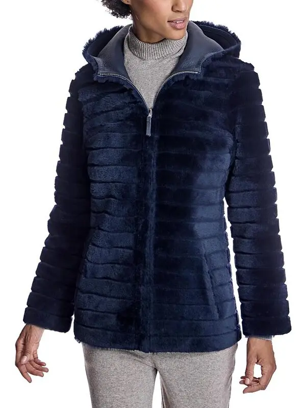 MAXIMILIAN Hooded Reversible Shearling Lamb Jacket - Navy