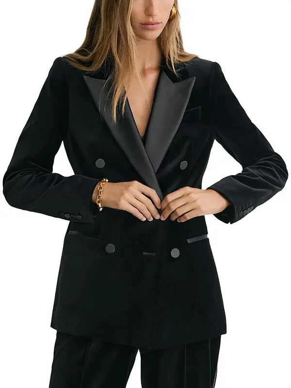 REISS Petites Wren Satin Lapel Double Breasted Velvet Blazer - Black