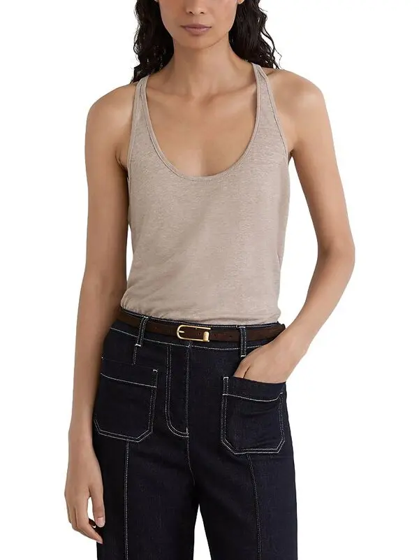 REISS Lidie Linen Scoop Neck Tank Top - Stone