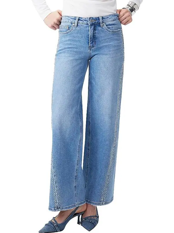 BAYEAS Mid Rise Wide Leg Denim Jeans With Rhinestone Stretch Comfortable - Cosmos