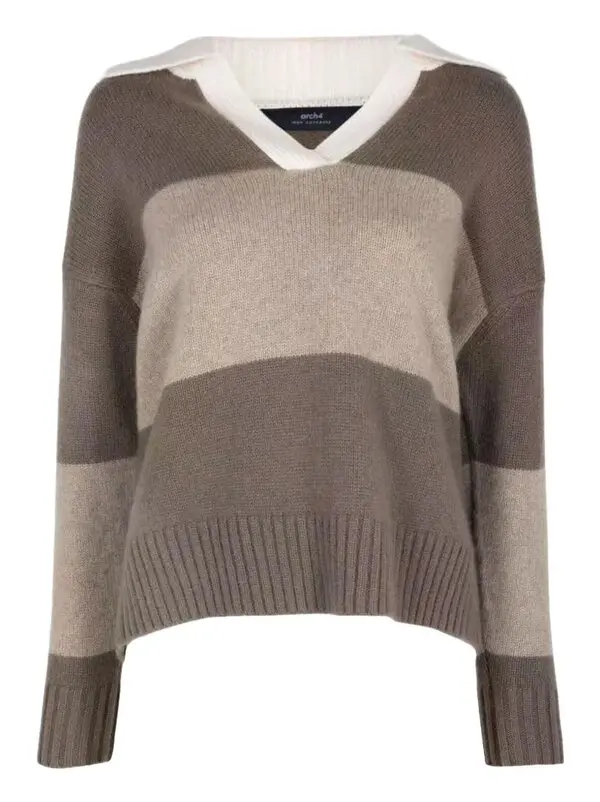 Arch4 Striped V-neck Sweater - Brown