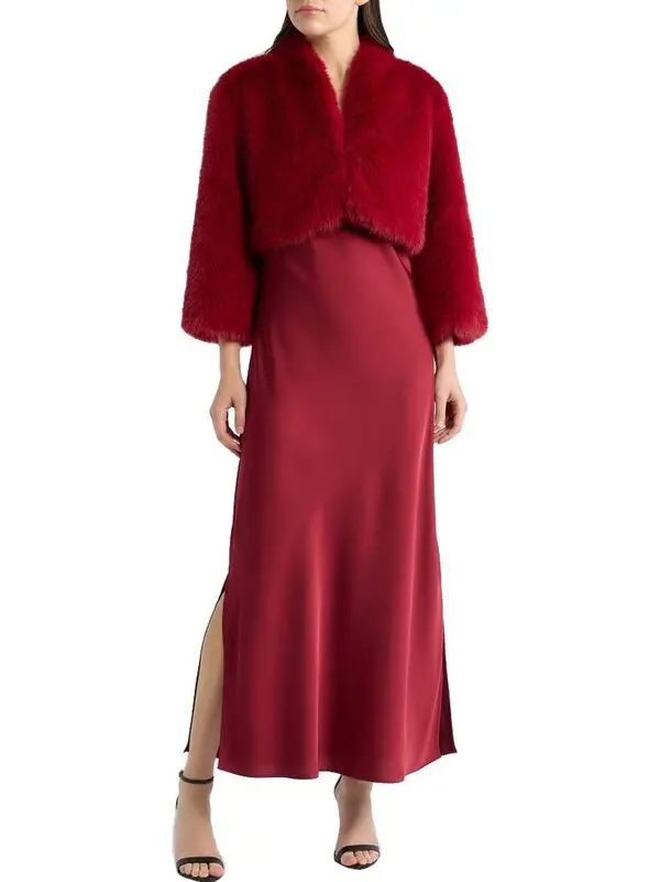CECE DUPRAZ Satin Slip Maxi Dress & Faux Fur Jacket Set - Ruby Blush