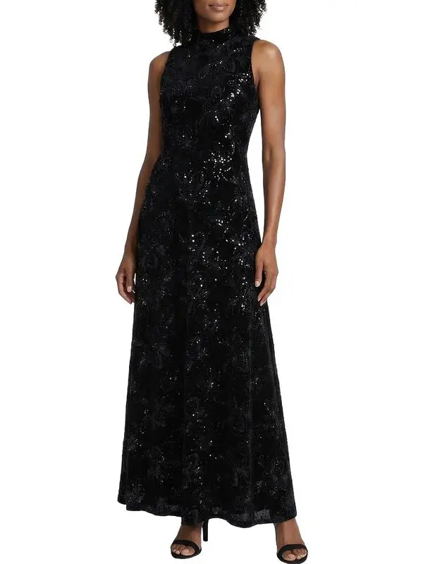 Alex Evenings Sleeveless Sequin Velvet Dress - Black