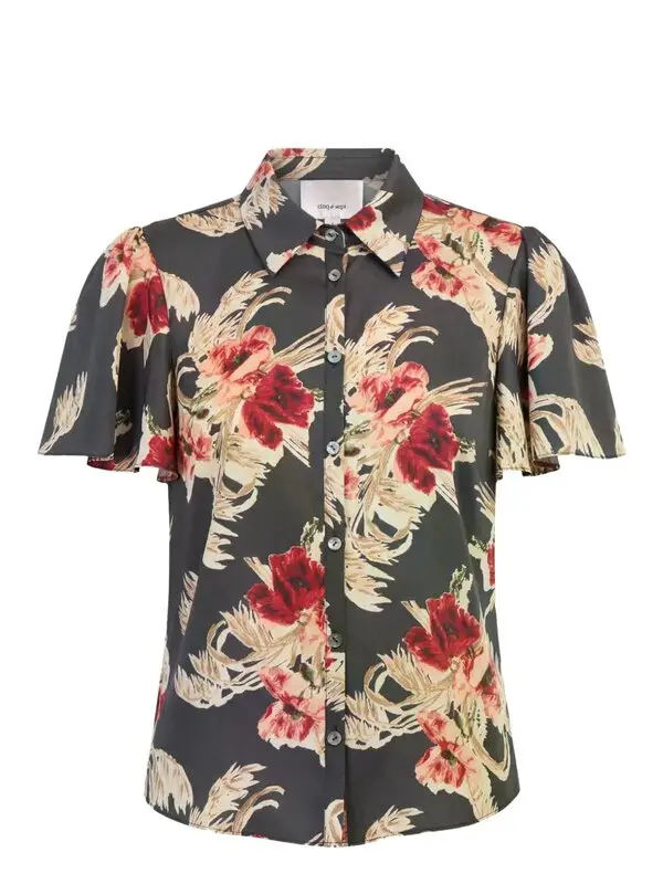 Cinq À Sept Fiona Floral-print Flutter-sleeve Shirt - Black