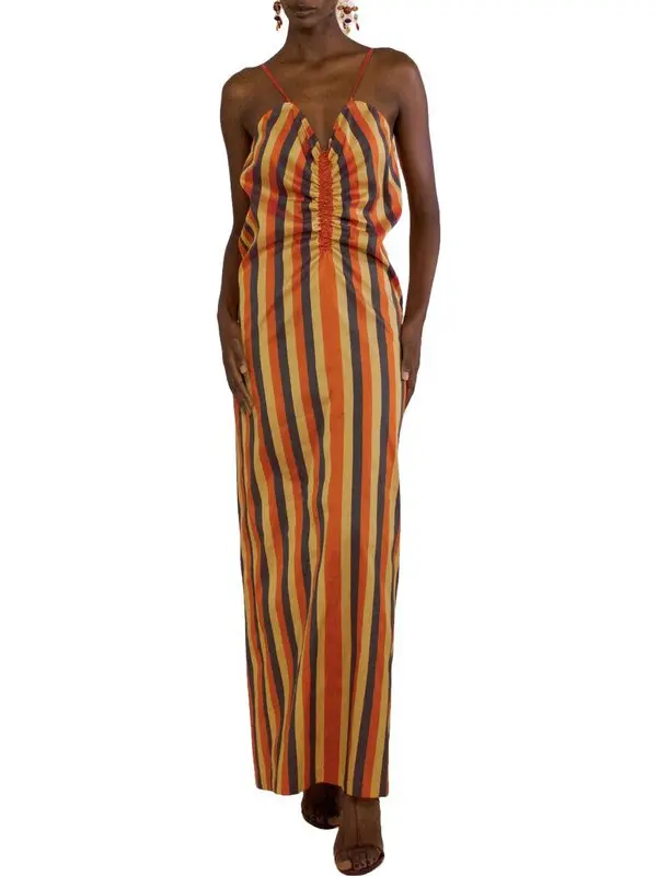 Christopher John Rogers Striped Ruched Front Cami Silk Maxi Dress - Multi