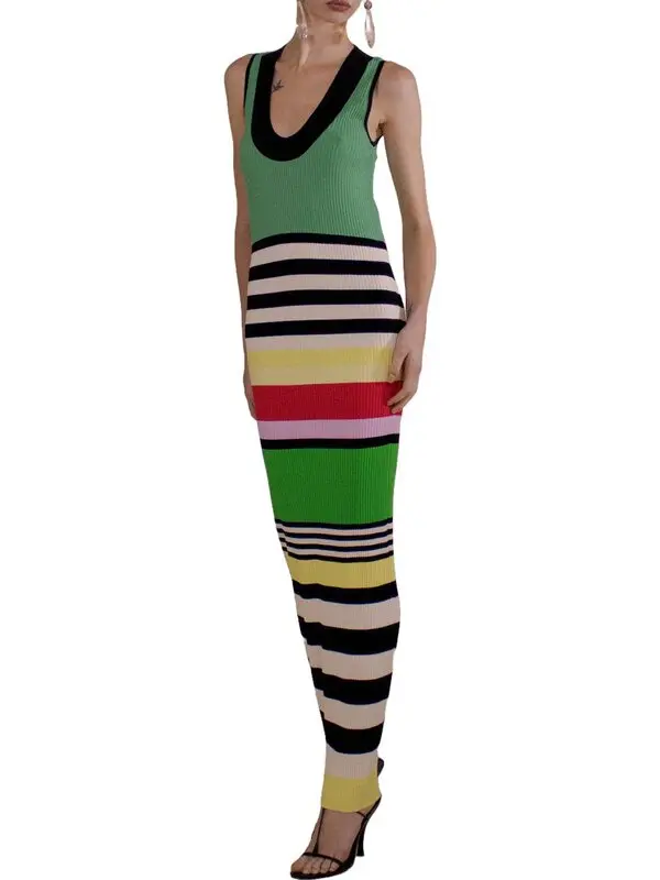 Christopher John Rogers Striped Saucer Neck Ribbed Maxi Dress - Multi