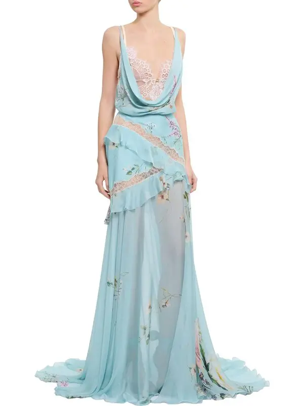 Elie Saab Printed Chiffon & Lace Midi Dress - Blue