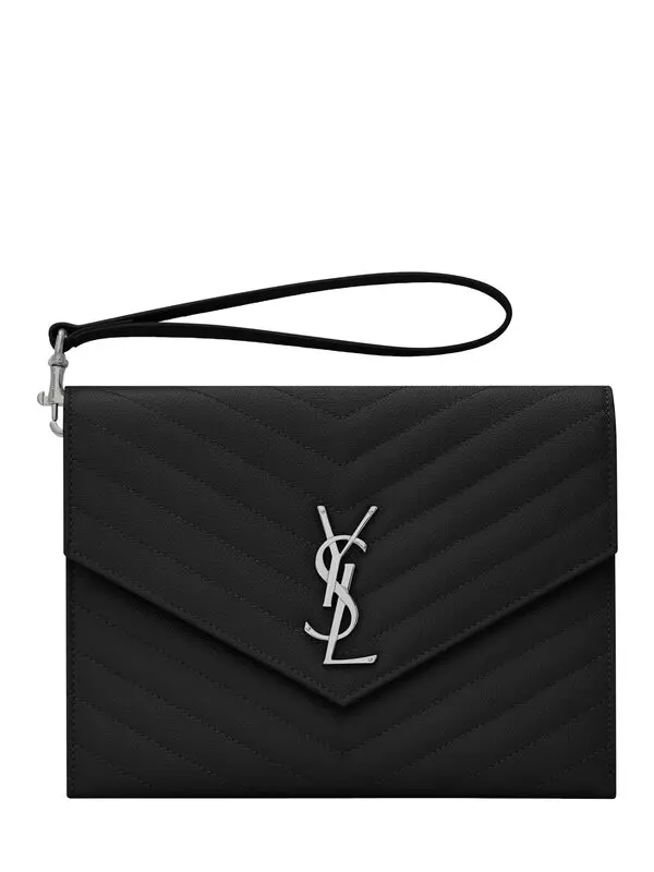 Saint Laurent Cassandre Matelassé Flap Pouch In Grain De Poudre Leather - Black