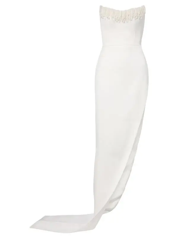 David Koma Beaded Fringed Strapless Bustier Gown - White
