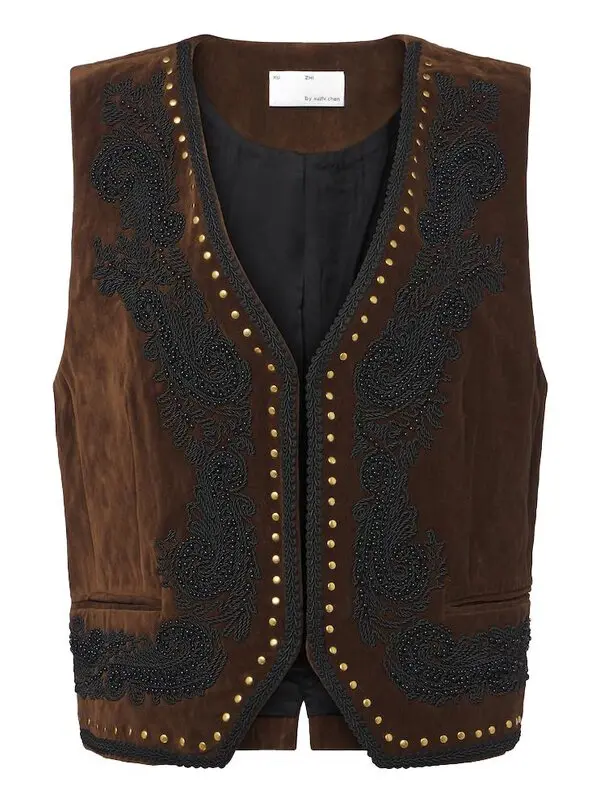 XU ZHI Embroidered Cotton-blend Velvet Vest - Brown