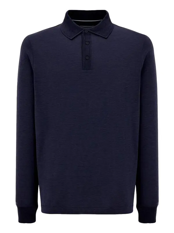 Canali Navy Silk And Cotton Jersey Long-sleeved Polo Shirt - Blue