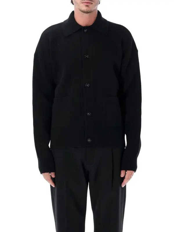 AMI Paris Responsibly Sourced Wool Interlock Cardigan With Shirt-style Collar - Nero