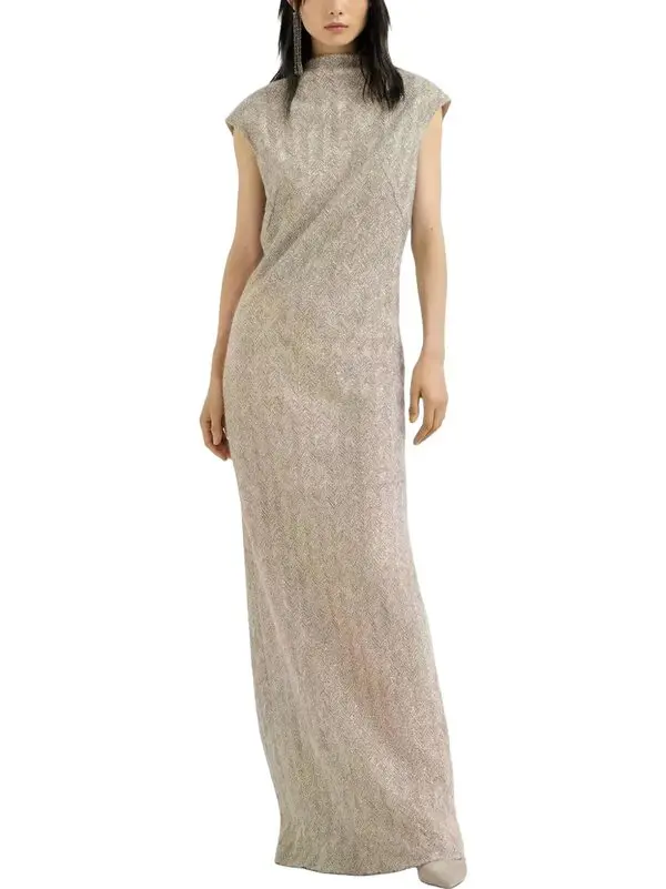 Brunello Cucinelli Dazzling Chevron Embroidery Dress In Sparkling Mohair And Wool - Neutrals