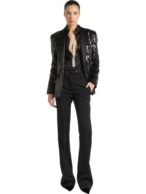 Balmain 1-button Satin Jacket With Sequins - Black