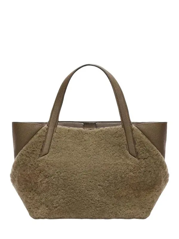 VALEXTRA Gio Small Leather & Shearling Tote Bag - Beige Khaki