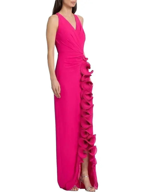 Badgley Mischka Ruffle-trim Georgette Column Gown - Mage