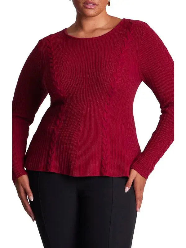 ESTELLE Eveline Peplum Cable Knit Sweater - Cherry