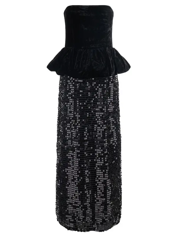 ROTATE BY BIRGER CHRISTENSEN Sequins Maxi Peplum Strapless Dress - Black