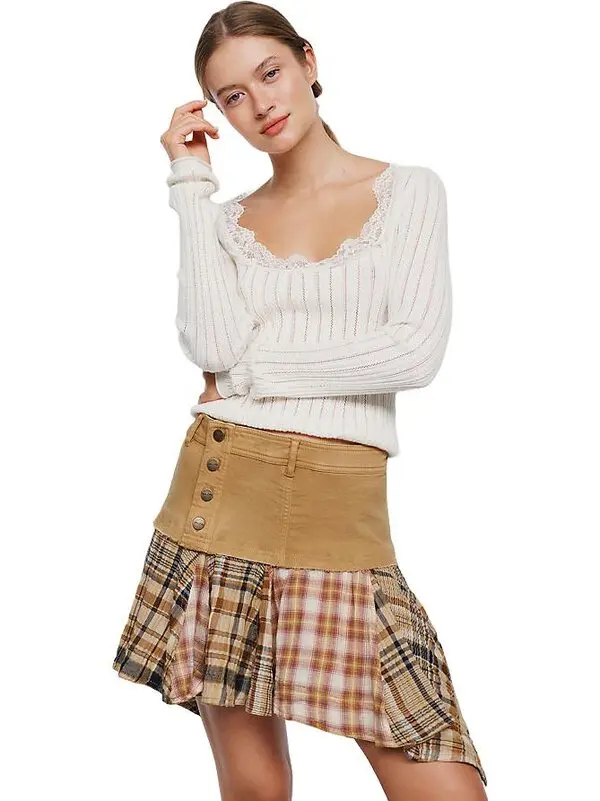 PILCRO Twofer Asymmetrical Mi Skirt - Brown Pattern