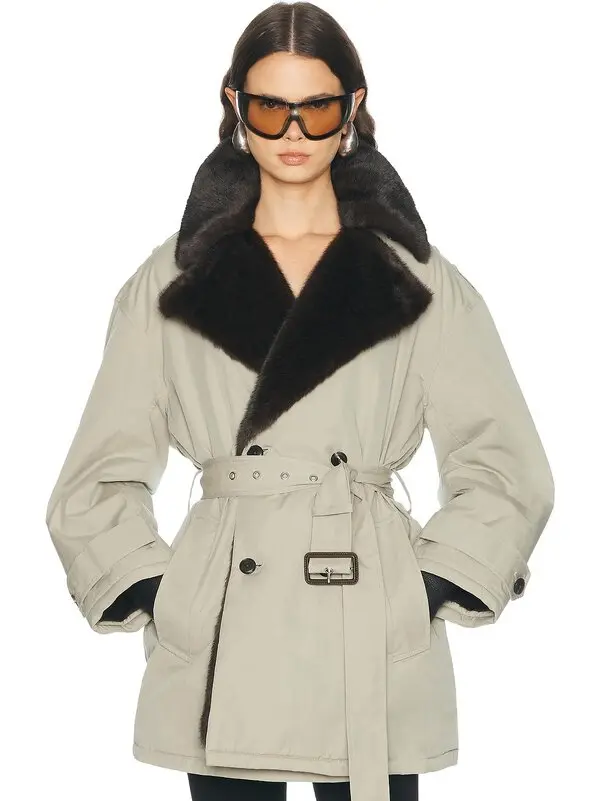 Alexander Wang Faux Fur Lined Oversized Trench Coat In Grey - Stone