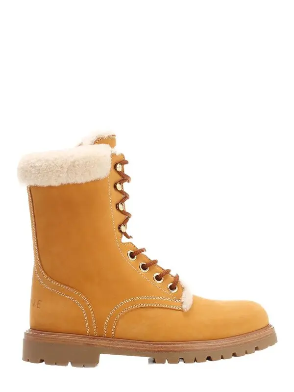 Celine Kurt Lace-up Mid Boot In Nubuck Calfskin And Shearling - Orange