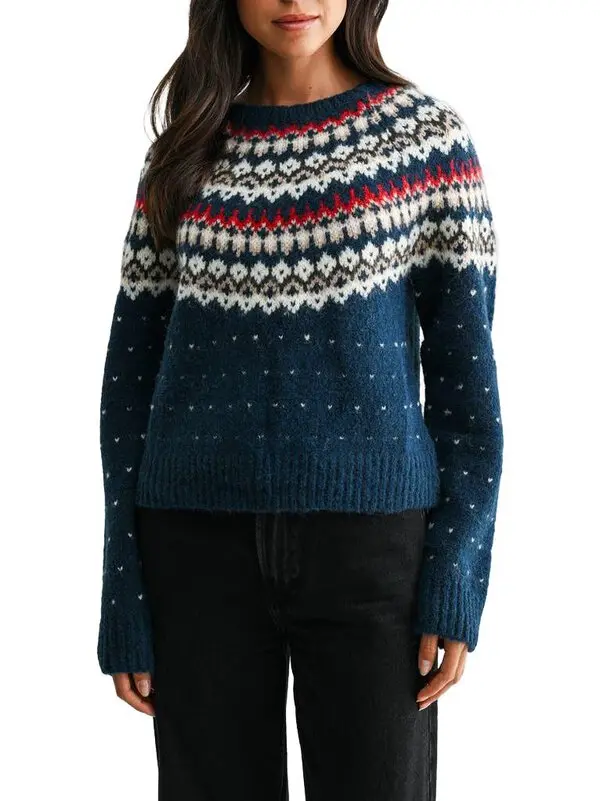 ALL IN FAVOR Fair Isle Crewneck Sweater - Navy Multi