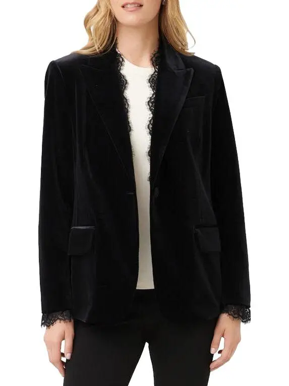 Karen Kane Lace Trim Velvet Blazer - Black