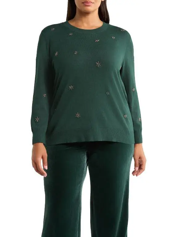 Anne Klein Star Embellished Crewneck Sweater - Pine Forest