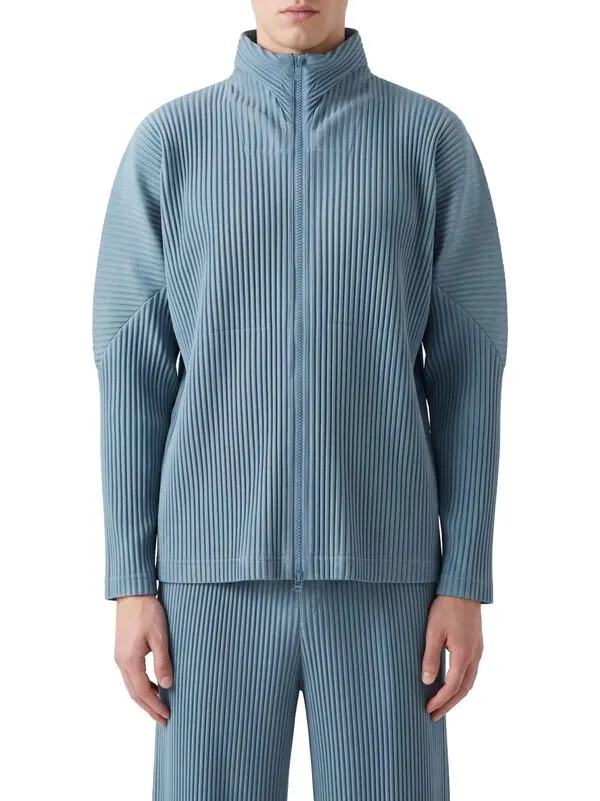 Issey Miyake Homme Plissé Pleated Cardigan With Turtleneck And Zip - Navy