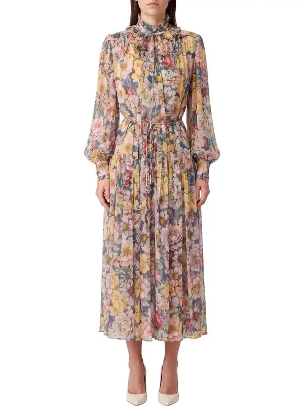 TWINSET Floral Crêpe Midi Dress With Scarf Neck And A Tie-waist Belt - Indigo