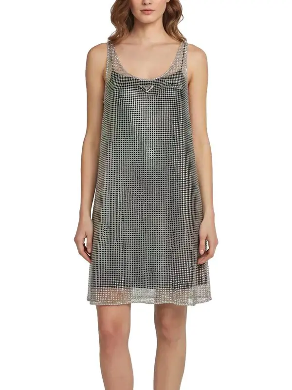 Prada Rhinestone Embellished Mesh Mini Dress - Silver
