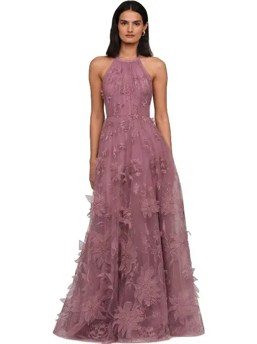 Theia Lux Floral Embroidered Gown - Dusk