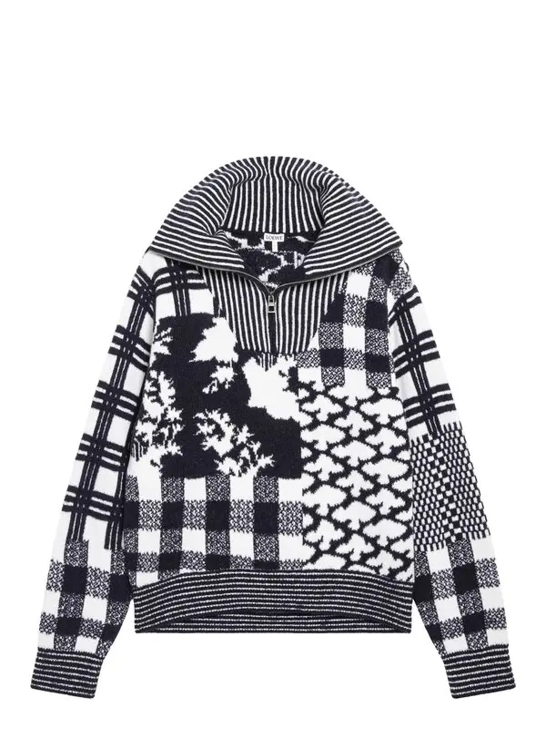 Loewe Navy And White Wool Zip-up Sweater - Navy Blue/white