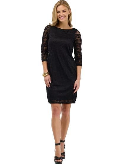 24SEVEN COMFORT APPAREL Elevate Elegant Lace Three-quarter Sleeve Dress - Black