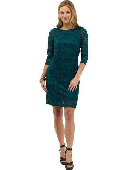 24SEVEN COMFORT APPAREL Elevate Elegant Lace Three-quarter Sleeve Dress - Emerald