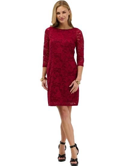 24SEVEN COMFORT APPAREL Elevate Elegant Lace Three-quarter Sleeve Dress - Wine