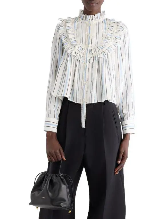 Chloé Ruffle Striped Silk Blend Shirt - White - Blue