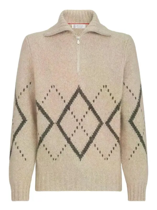 Brunello Cucinelli Cashmere Sweater With Argyle Intarsia And Half Zip - Neutrals
