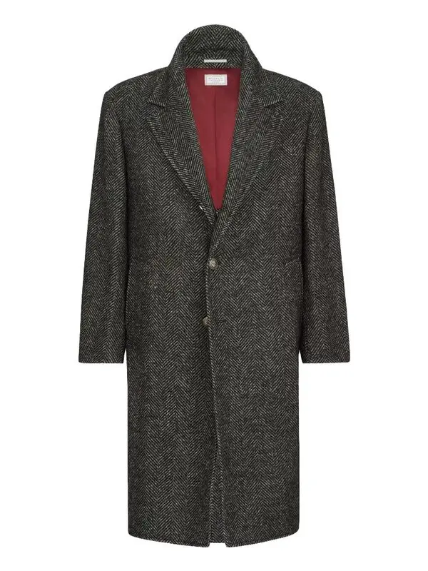 Brunello Cucinelli Virgin Wool And Alpaca Chevron Coat With Metal Buttons - Grey