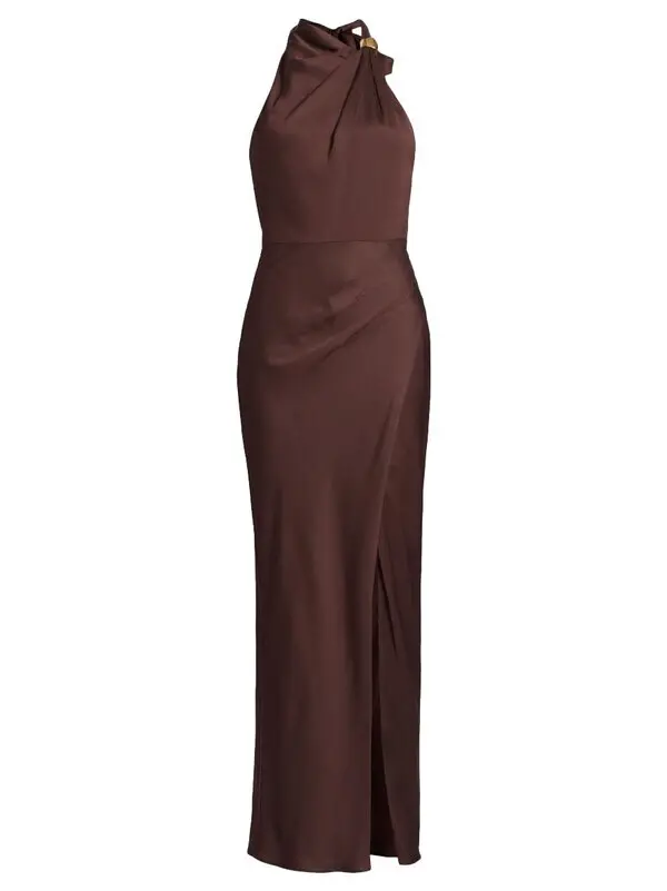 NICHOLAS THE LABEL Galilea Embellished Draped Halter Gown - Chocolate