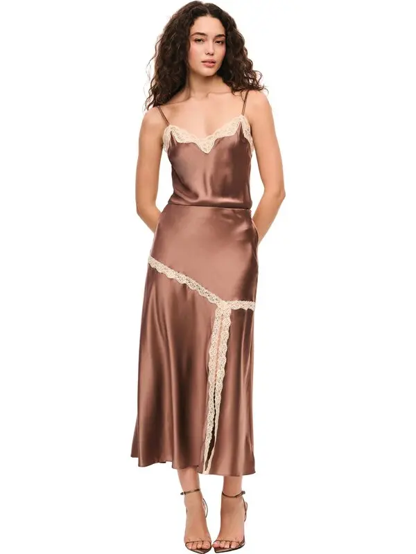 LoveShackFancy Emmabelle Silk Lace-trimmed Midi Skirt - Mocha