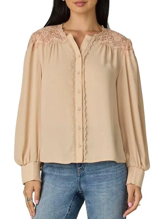 Wit & Wisdom Lace Inset Button Front Shirt - Sandstone