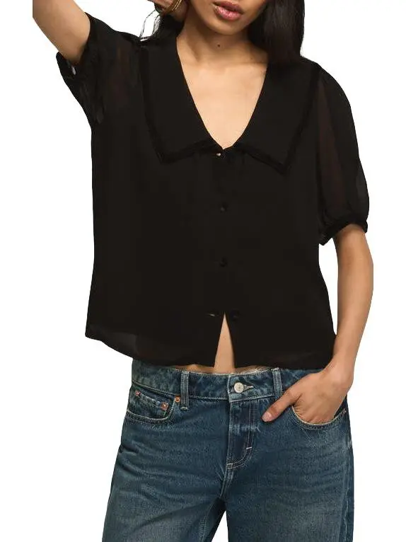 Lucky Brand Velvet Trim Peter Pan Collar Blouse - Caviar