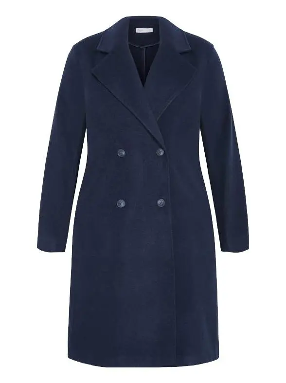 City Chic Anita Double Breasted Longline Melton Coat - Navy