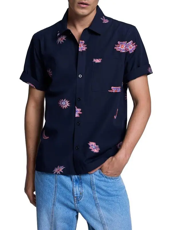 Desigual Embroidered Short Sleeve Button-up Shirt - Navy