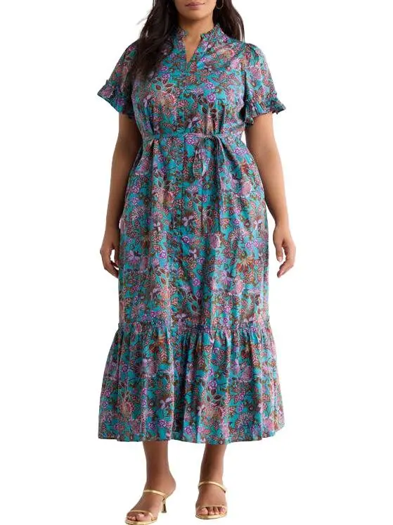 SUGARLIPS Alna Floral Cotton Midi Dress - Teal Multi