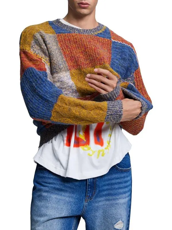 Desigual Patchwork Thick Gauge Sweater - Orange
